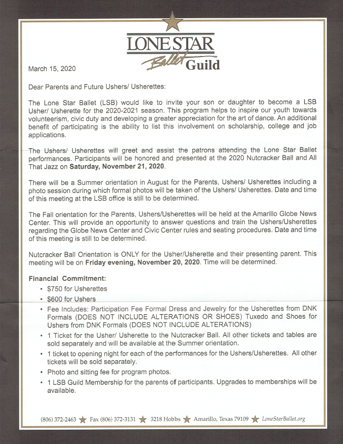 Usher Usherette Program | Lone Star Ballet / Lone Star Dance Academy
